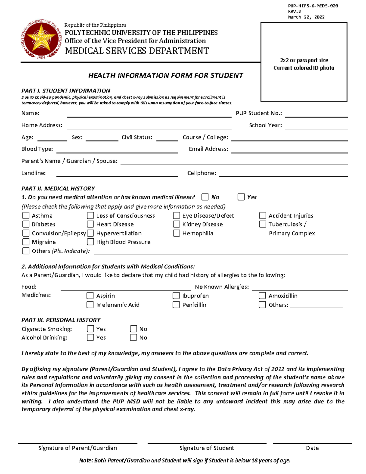 Health Information Form - PUP-HIFS-6-MEDS- Rev. March 22, 2022 Republic ...