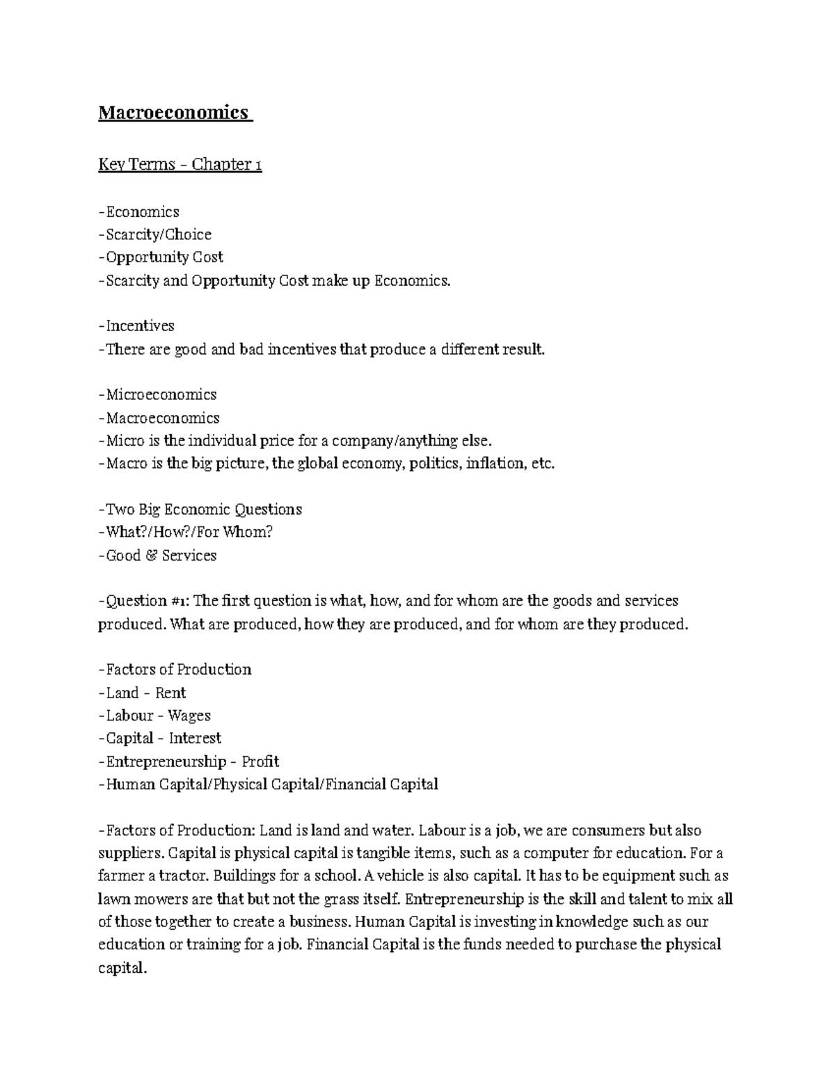 Macroeconomics Chapter 1 - Macroeconomics Key Terms - Chapter 1 ...