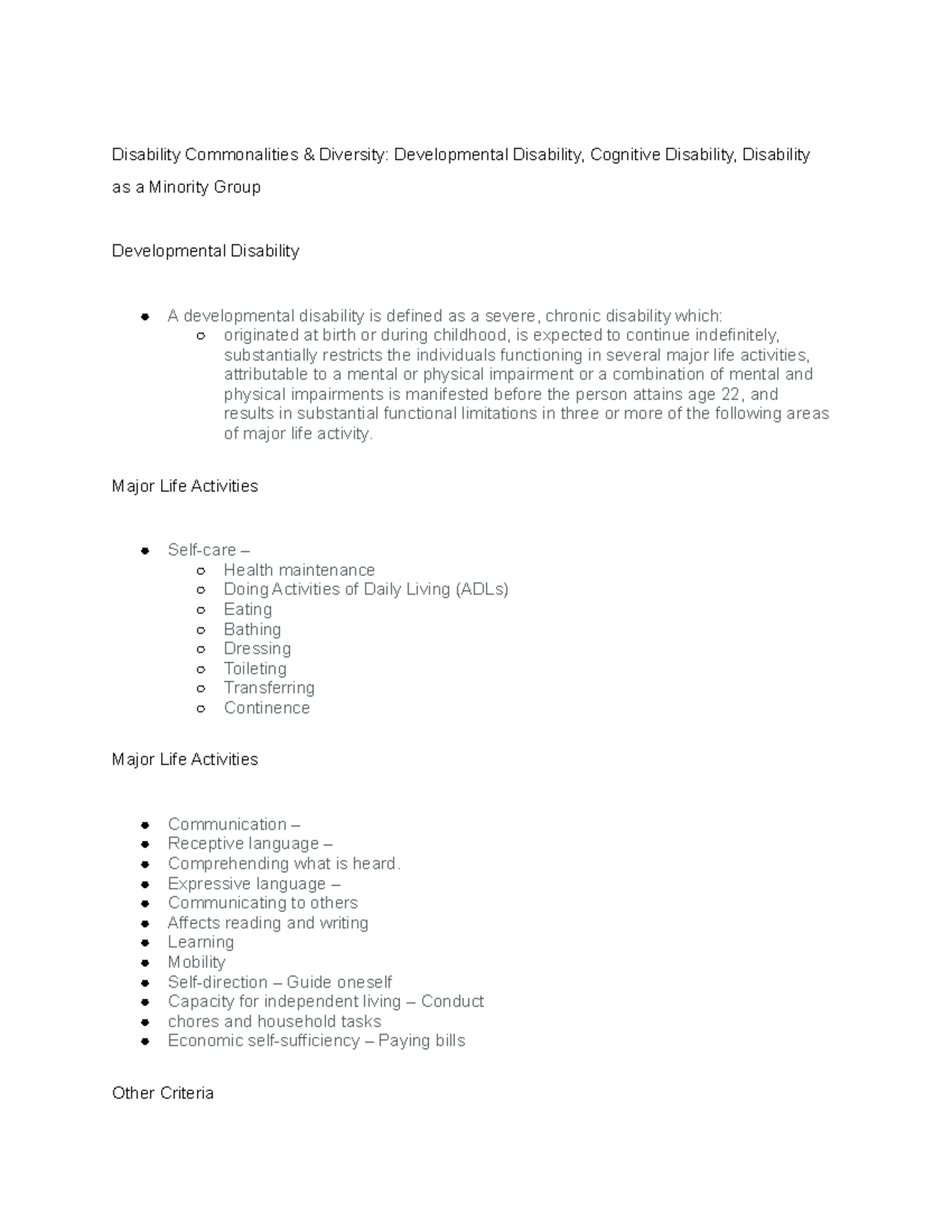 Disability Commonalities & Diversity - Major Life Activities Health ...