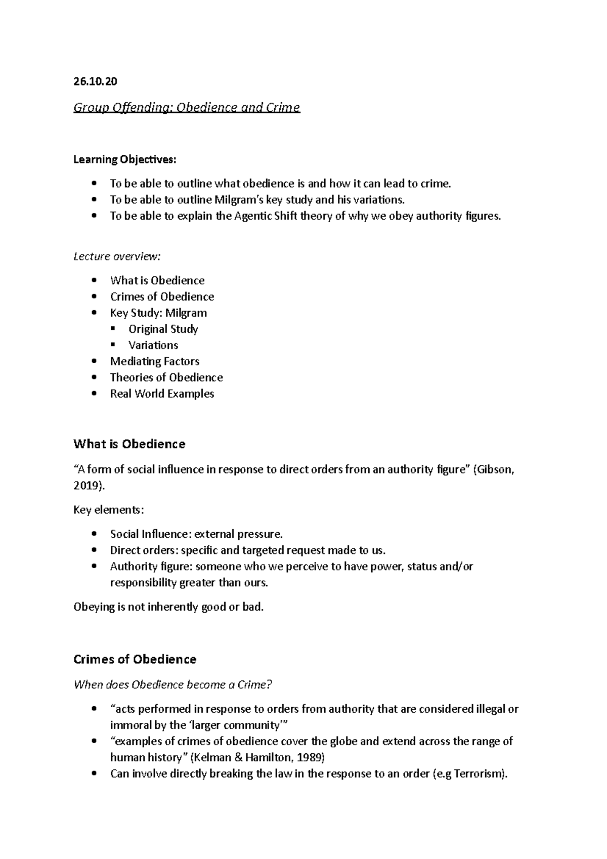 Obedience and Crime week 14 lecture 26 - 26. Group Offending: Obedience ...