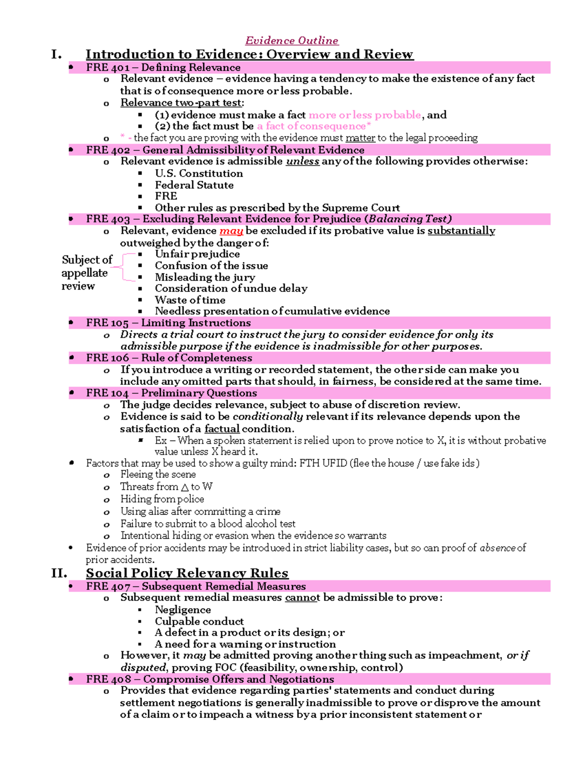 Final Evid Outline - I. Introduction to Evidence: Overview and Review ...