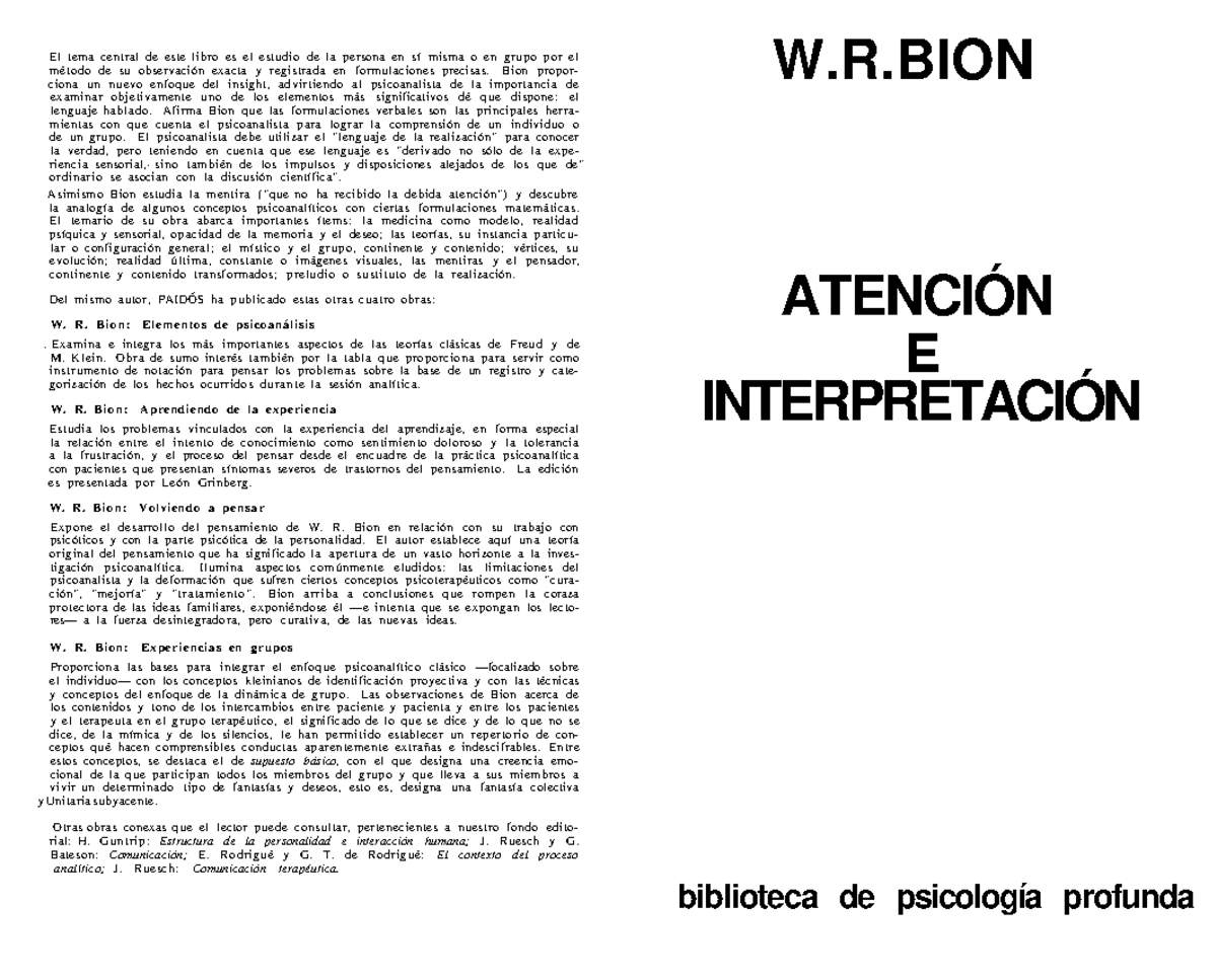 Atención e Interpretación-W. Bion - El tema central de este libro es el ...