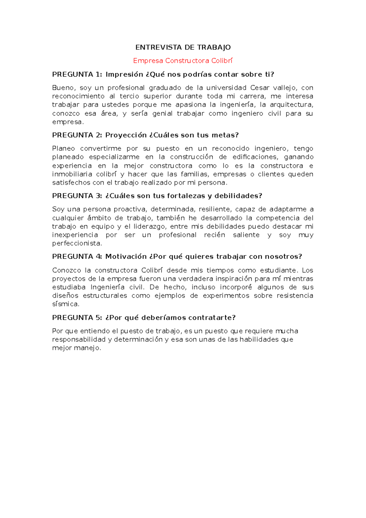 Entrevista DE Trabajo - ENTREVISTA DE TRABAJO Empresa Constructora ...