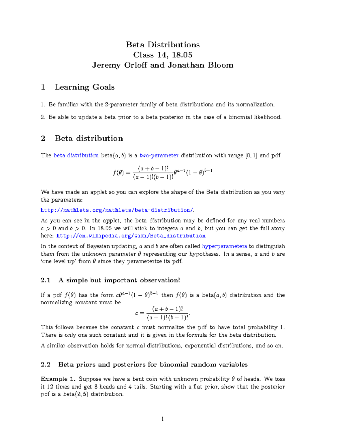 Beta Distributions - Beta Distributions Class 14, 18. Jeremy Orloff and ...