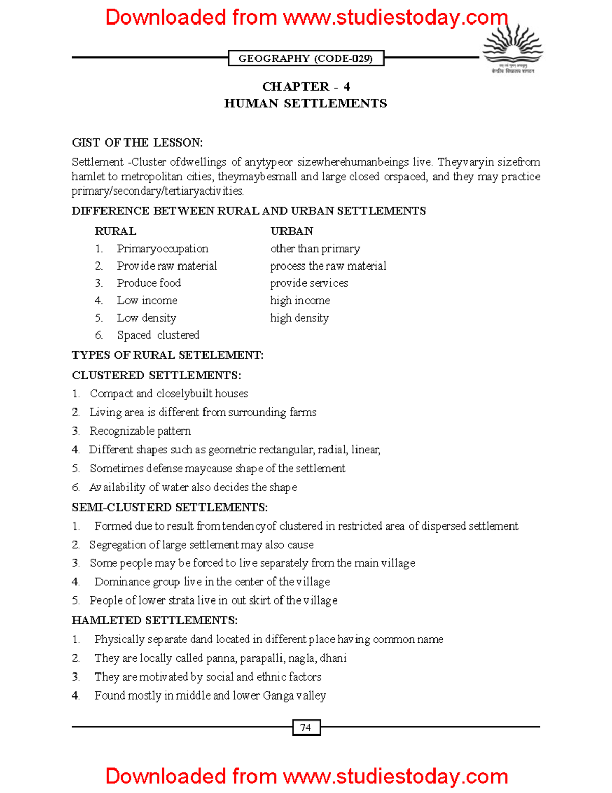 CBSE Class 12 Geography Human Settlements Worksheet Set C - GEOGRAPHY ...