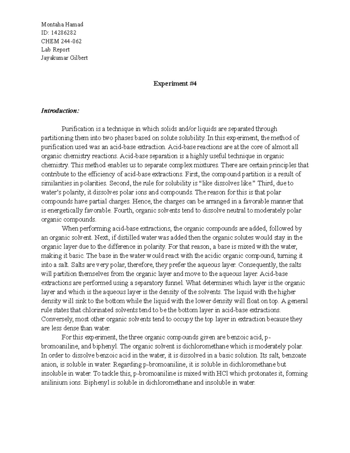 Chem244#4 - Lab Report - Montaha Hamad ID: 14286282 CHEM 244- Lab ...