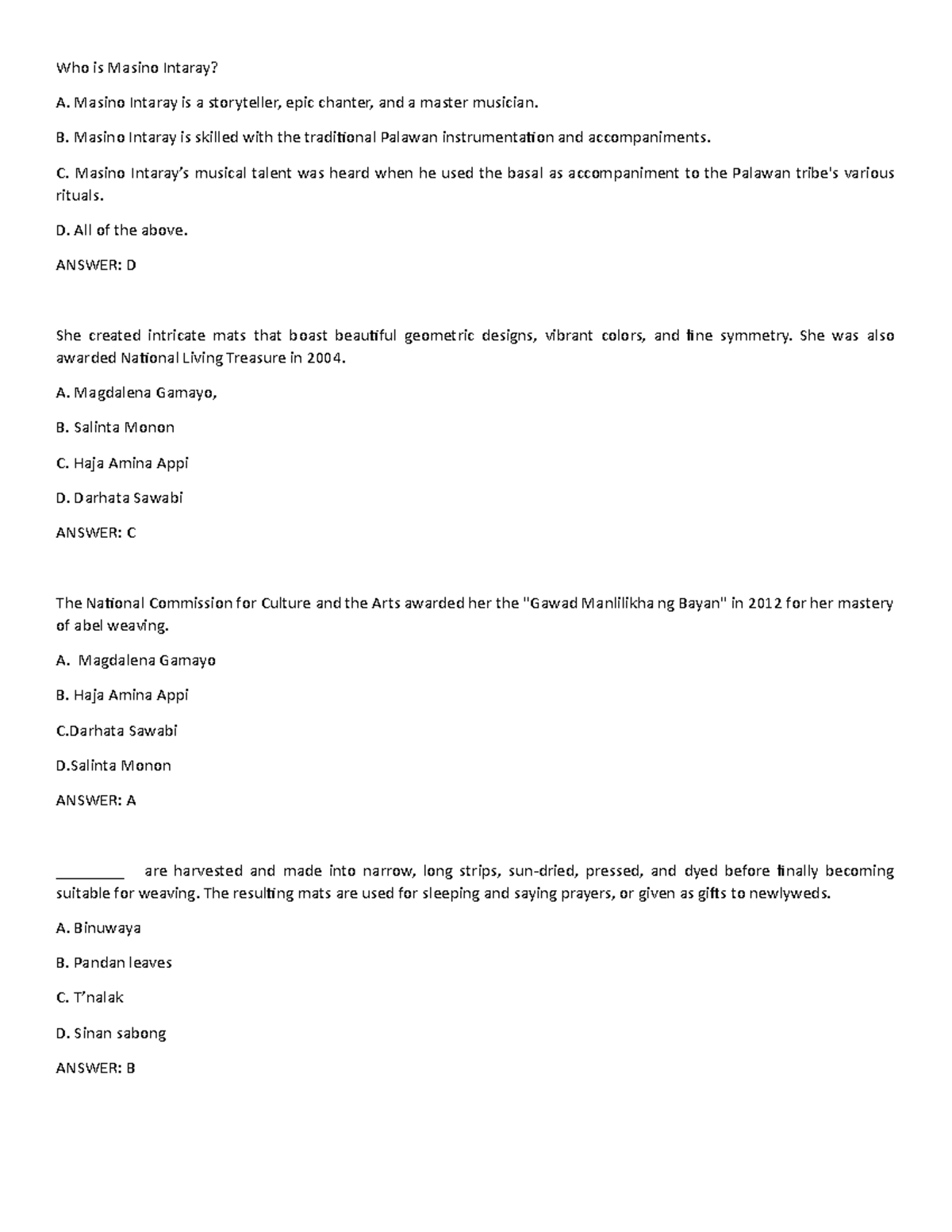 Group 1 MCQ WITH Answers - Who is Masino Intaray? A. Masino Intaray is ...