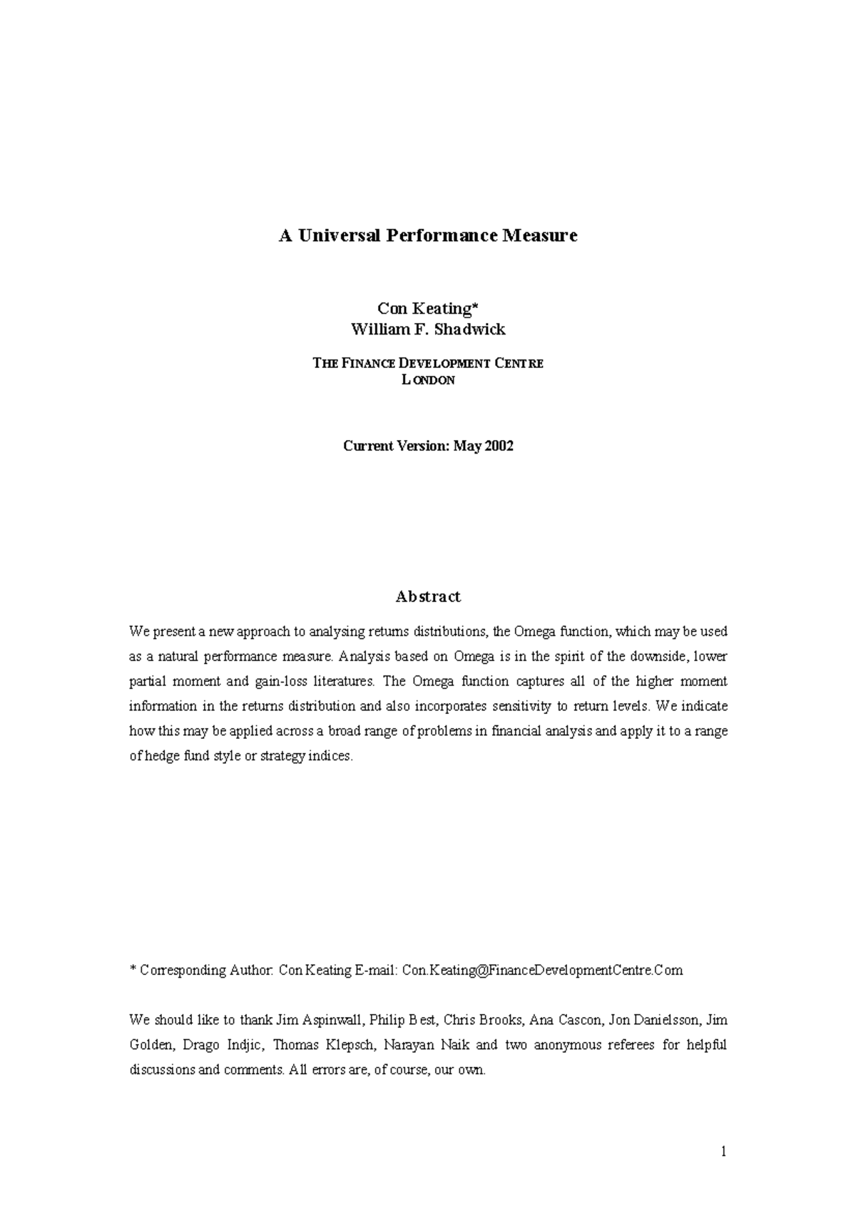 Keating A universal performance-1 - A Universal Performance Measure Con ...
