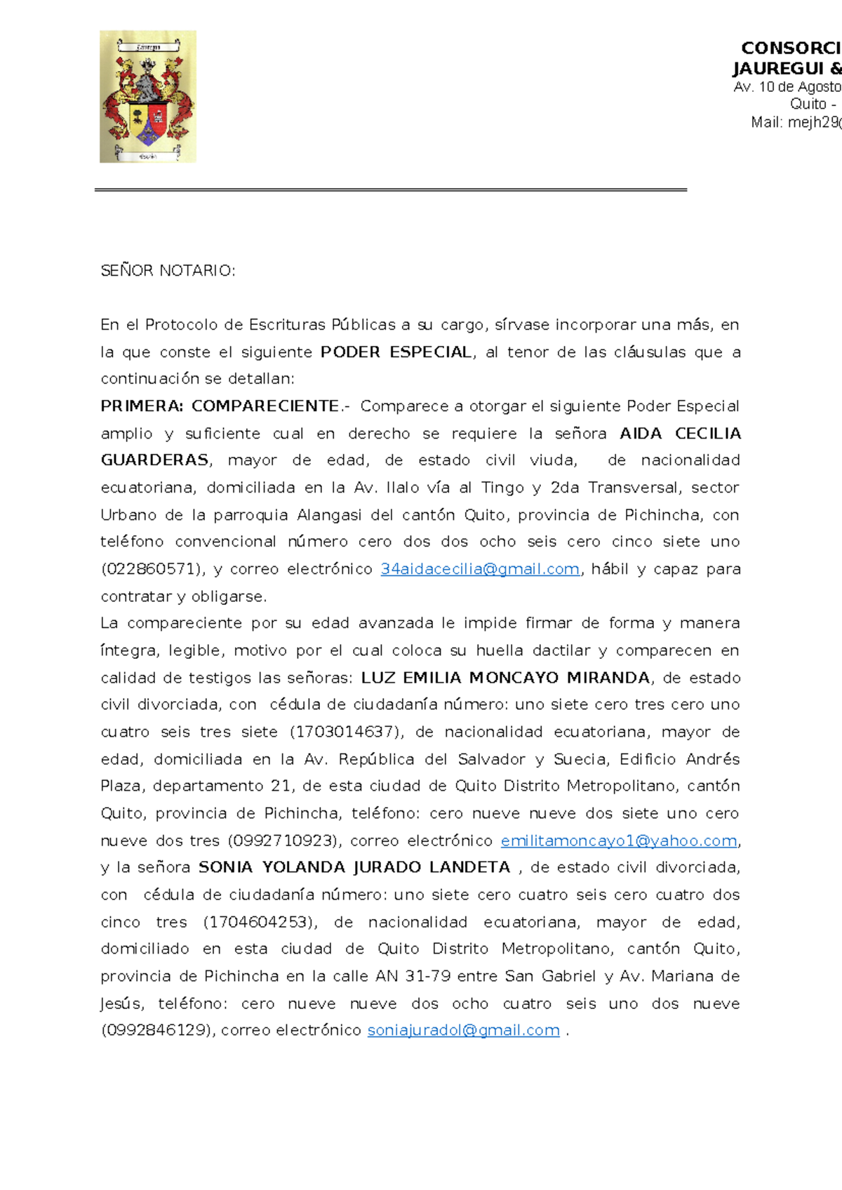 Minuta poder especial Sra Catalina Simba - CONSORCIO JAUREGUI & Av. 10 ...