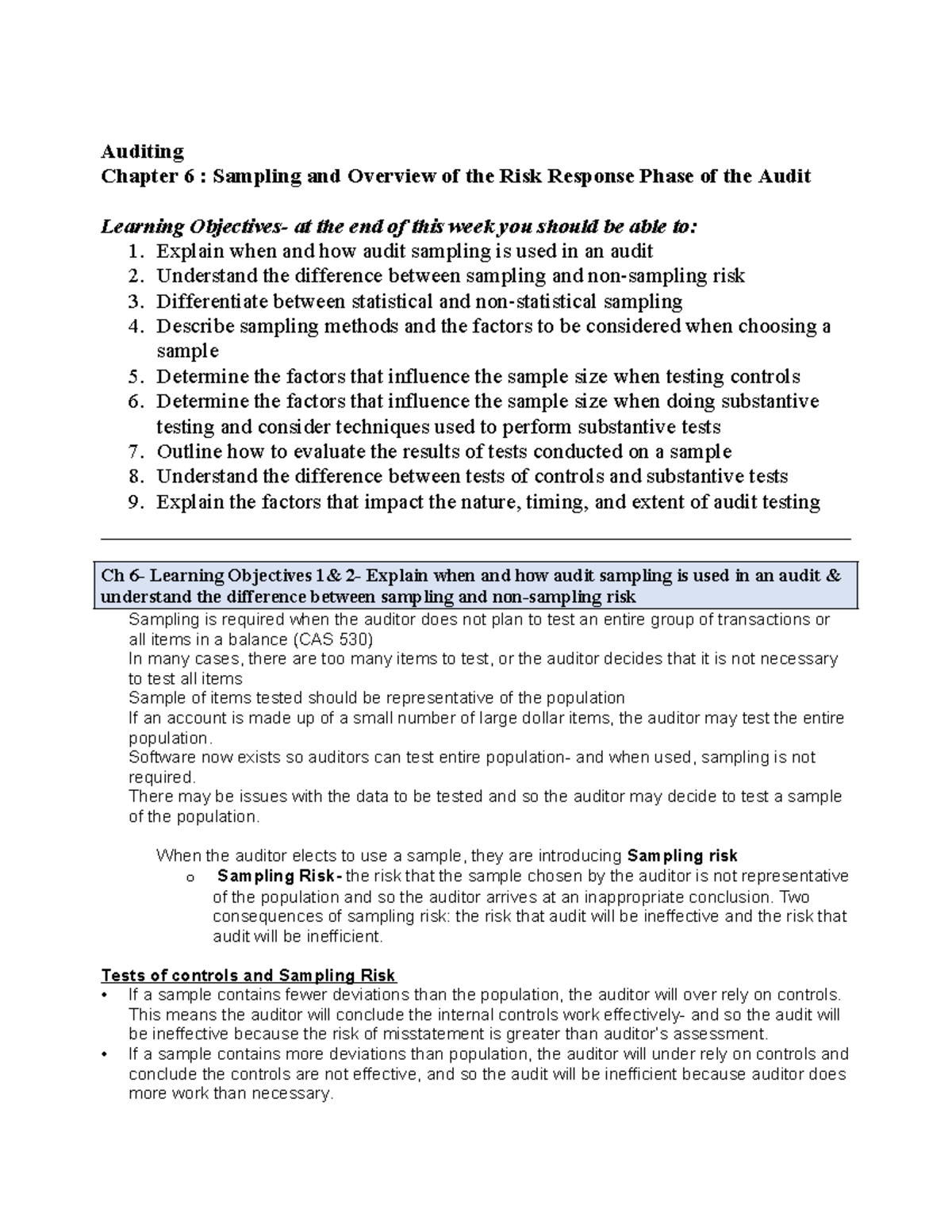 Audit Class Notes Ch 6 - Auditing Chapter 6 : Sampling and Overview of ...