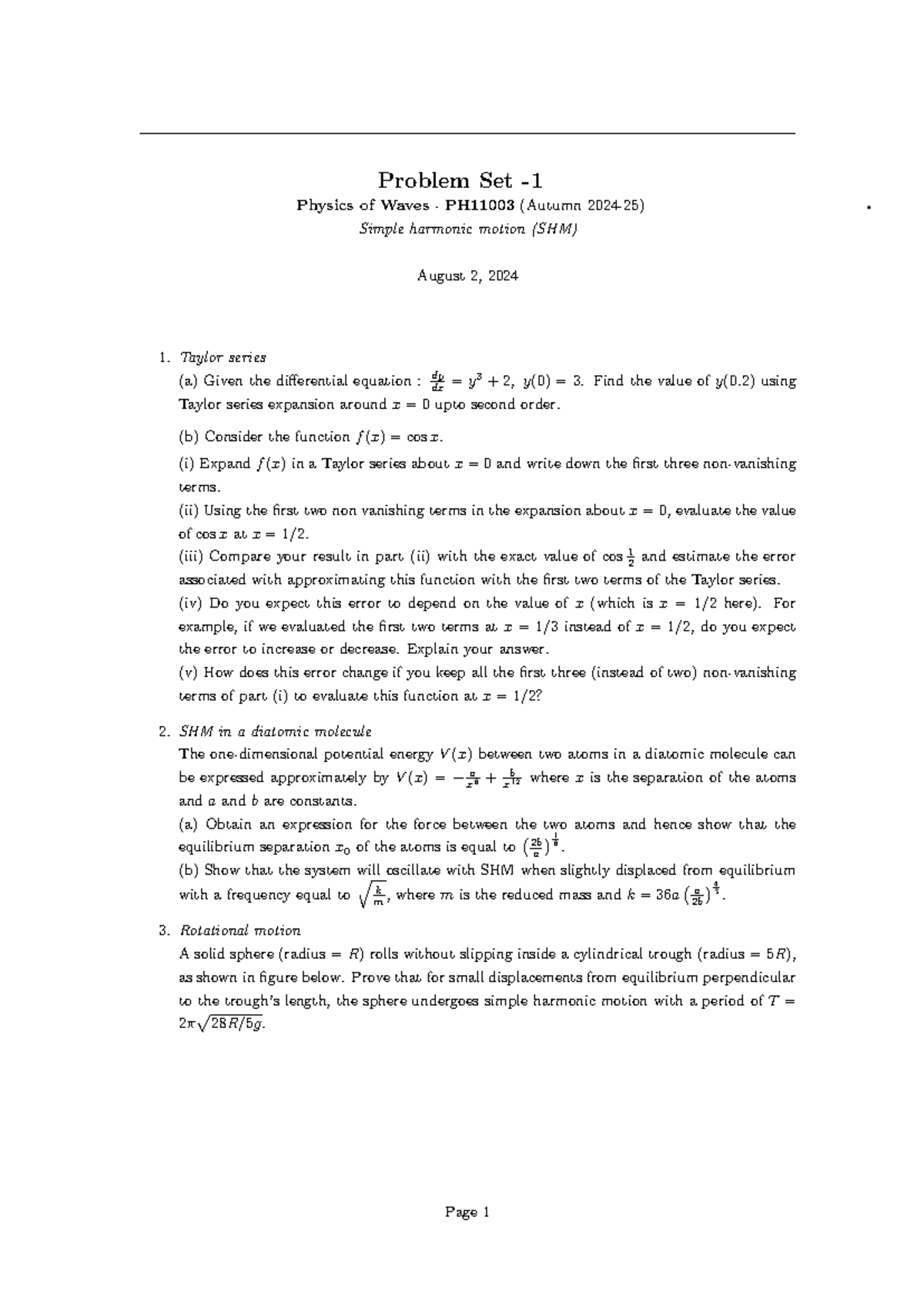 P1Tutorial 1 SIMPLE HARMONIC MOTION - Problem Set - Physics of Waves - PH11003 (Autumn 2024-25 ...