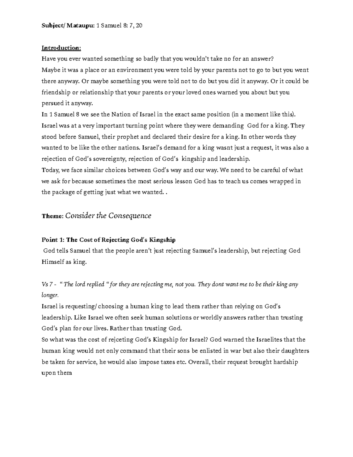 Sunday School notes of thyt - Subject/ Mataupu: 1 Samuel 8: 7, 20 ...