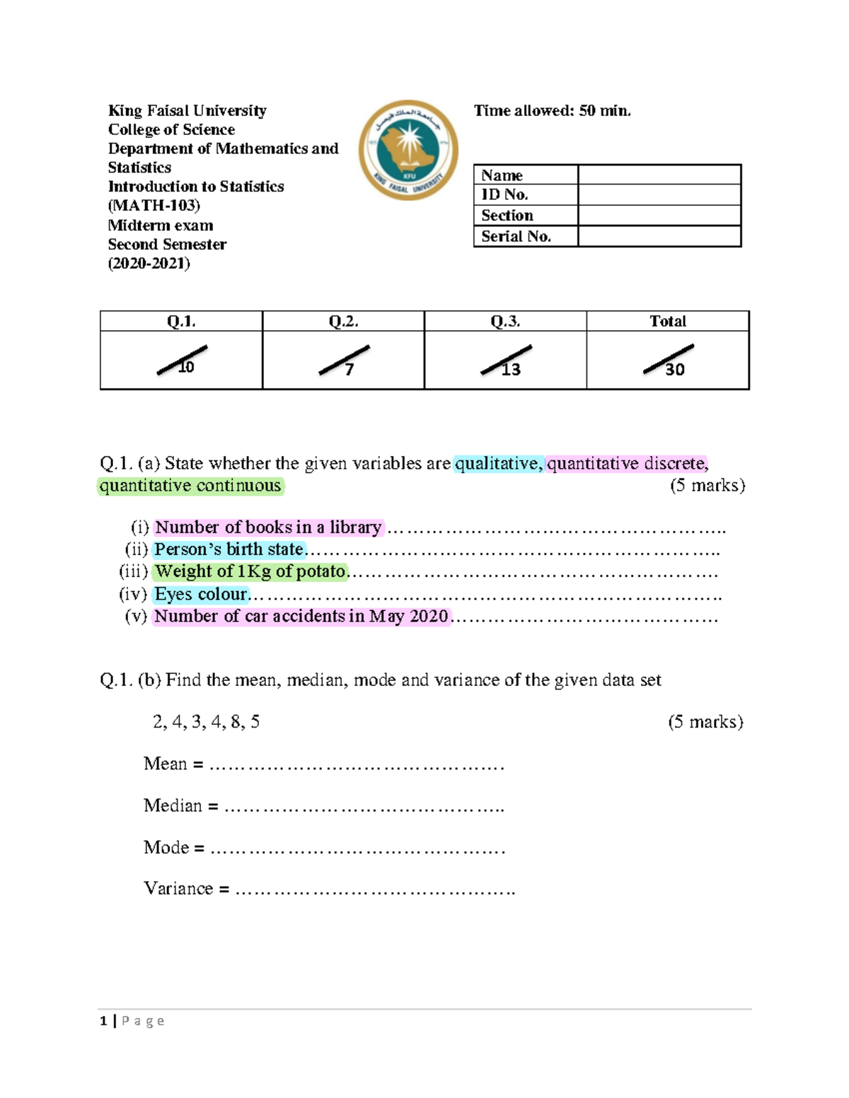 Midterm Exam Of Introduction To Static King Faisal University College Of Science Department Of