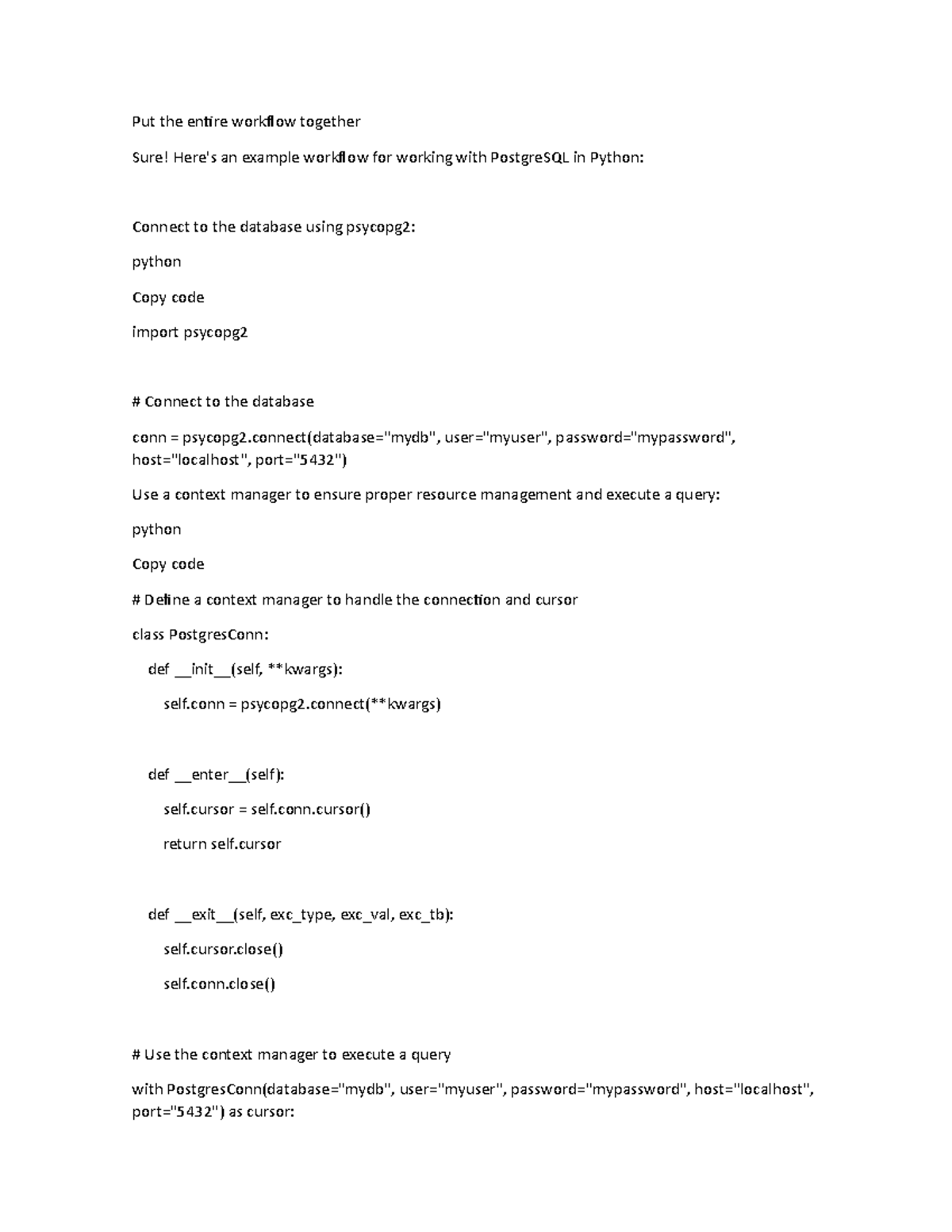 Gpt posgre SQL workflow - Put the entire workflow together Sure! Here's ...