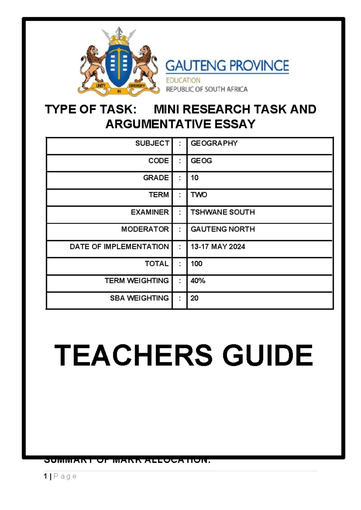 GR 10 Essay Project Based Learning Teachers Guide - TYPE OF TASK: MINI ...