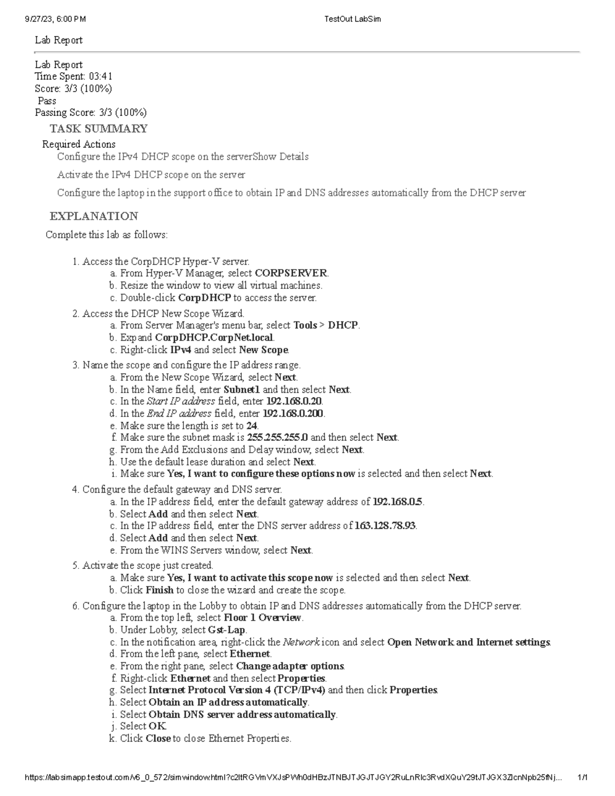 4 3 4 Configure A Dhcp Server Lab 9 27 23 6 00 Pm Testout Labsim