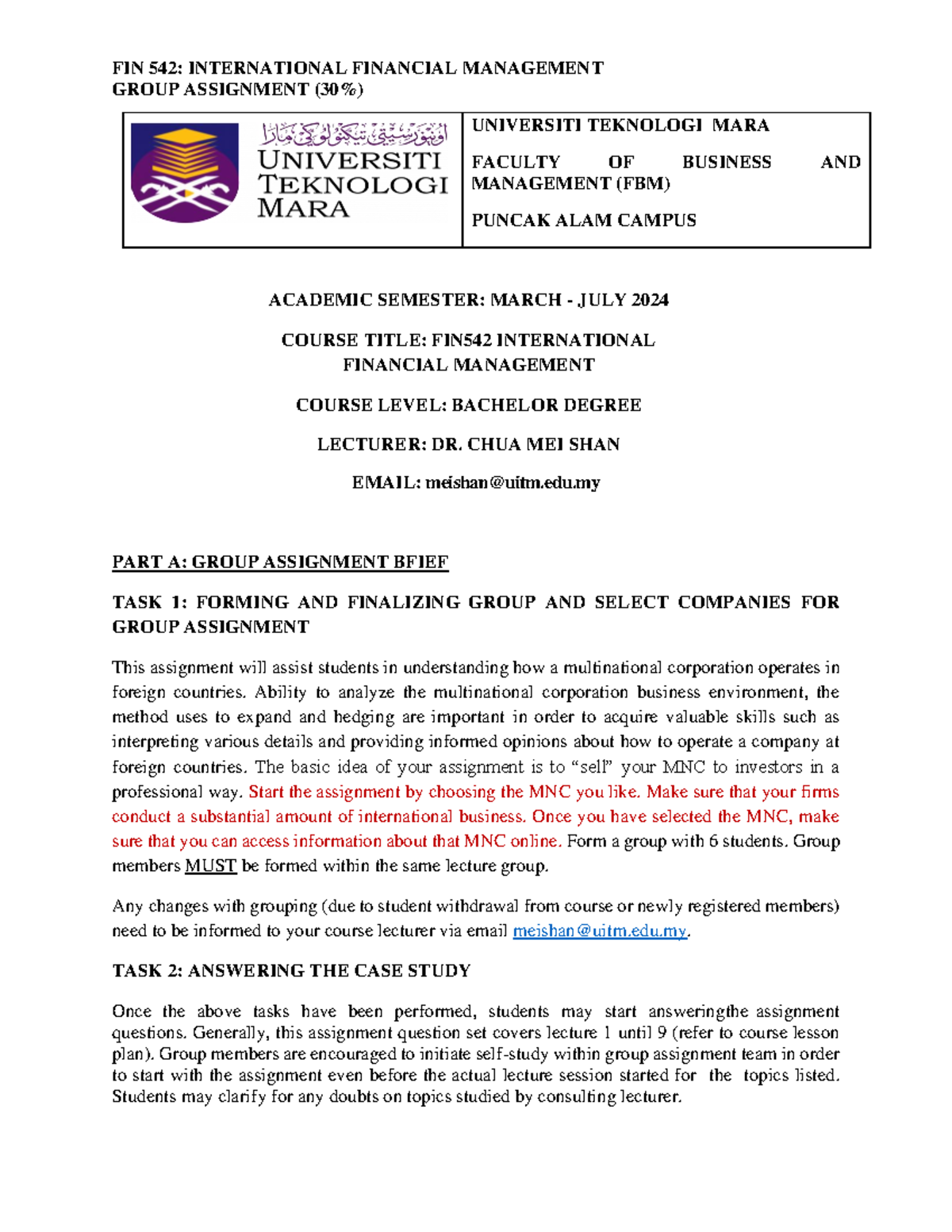 FIN542 Group Assignment Guidelines - GROUP ASSIGNMENT (30%) UNIVERSITI TEKNOLOGI MARA FACULTY OF ...