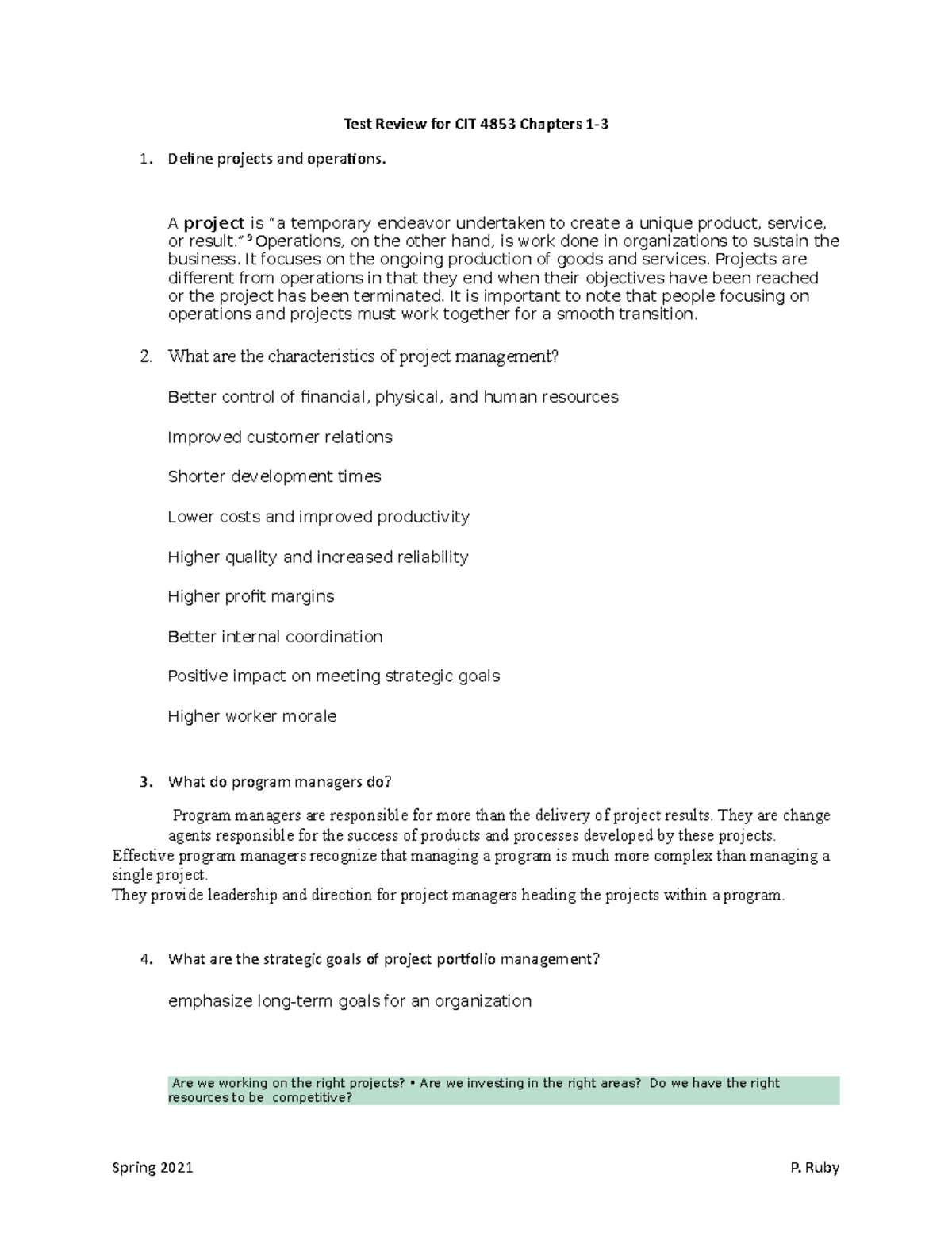 Test Review for Chapters 1-3 - Test Review for CIT 4853 Chapters 1- 1 ...