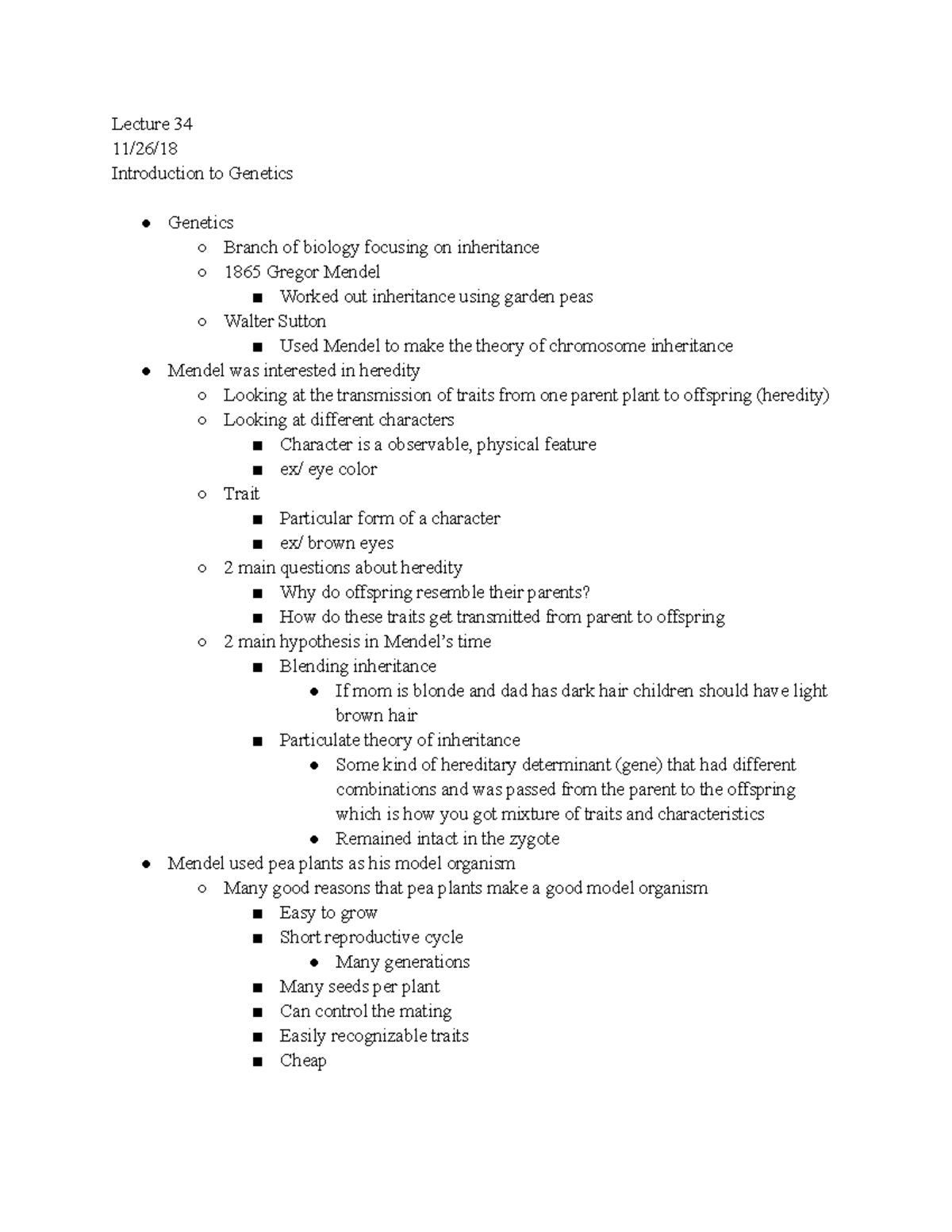 Bio 1 Lec 34 - Lecture notes 34 - Lecture 34 11/26/ Introduction to ...