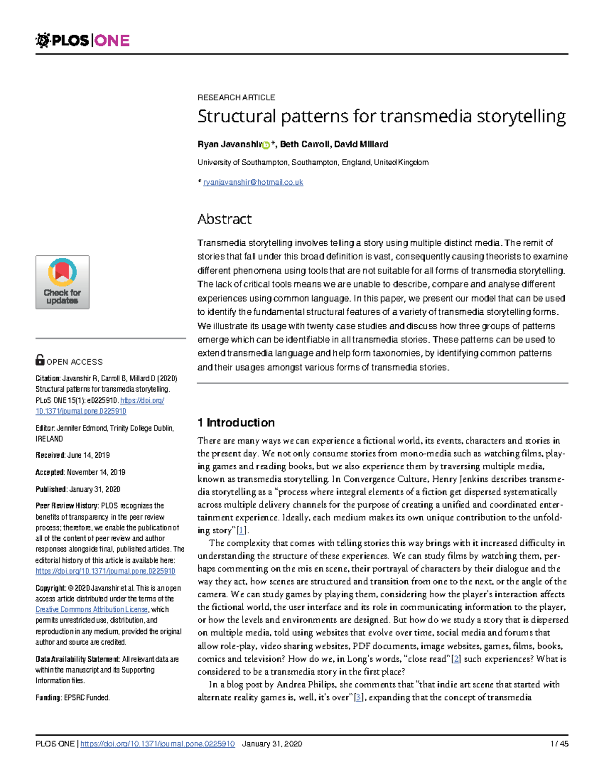 Structural patterns for transmedia storytelling - RESEARCH ARTICLE Structural patterns for - Studocu