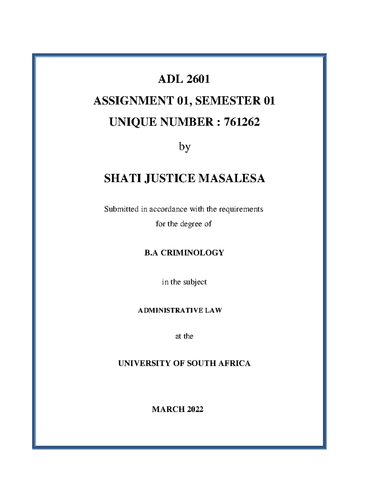 ADL 2601 Assign 1 - ADL 2601 ASSIGNMENT 01, SEMESTER 01 UNIQUE NUMBER ...