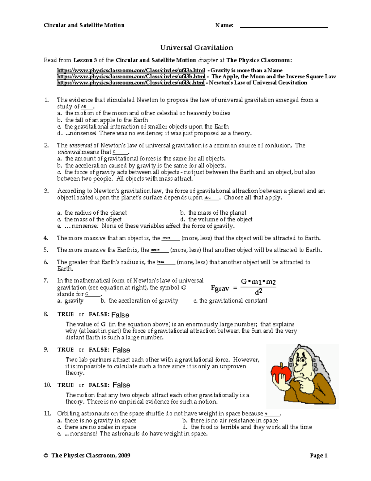 Universal Gravitation Activity Changed - Circular and Satellite Motion ...