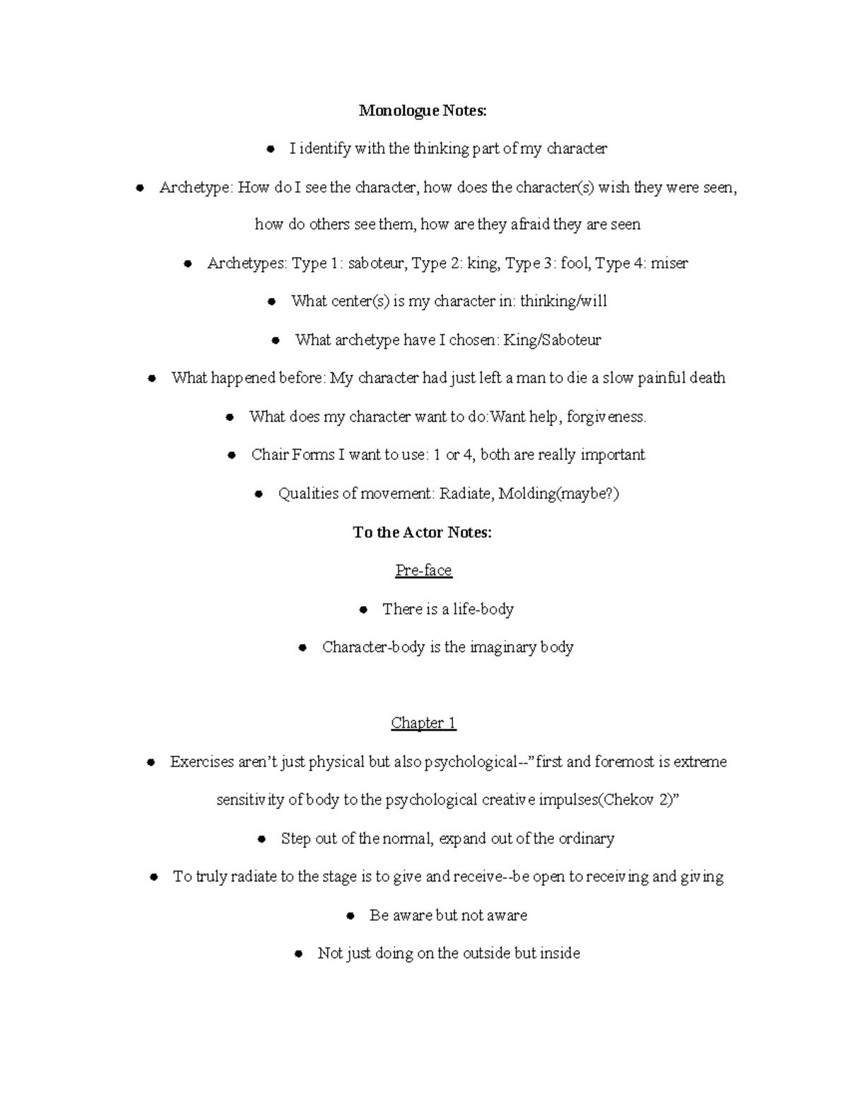 Chekhov and Final Unit Notes - Monologue Notes: I identify with the ...