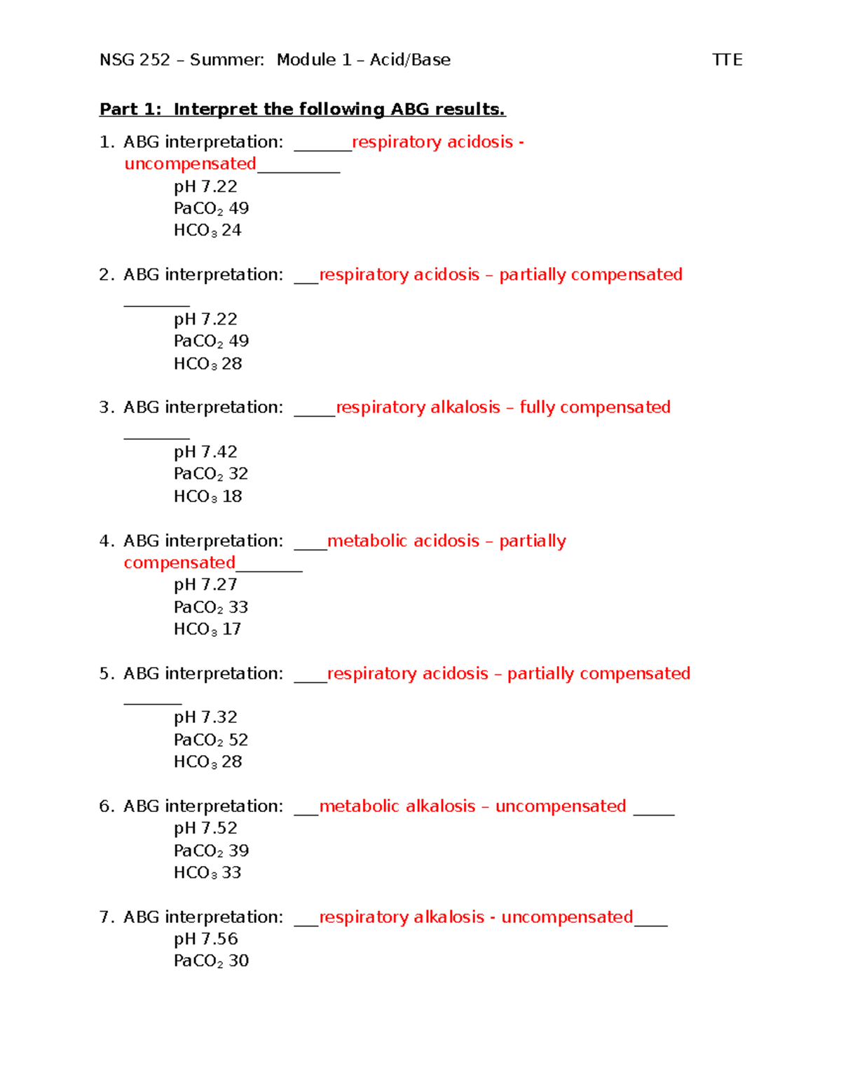TTE 1. Acid-Base - each acid base metabolic alkalosis/acidosis and ...
