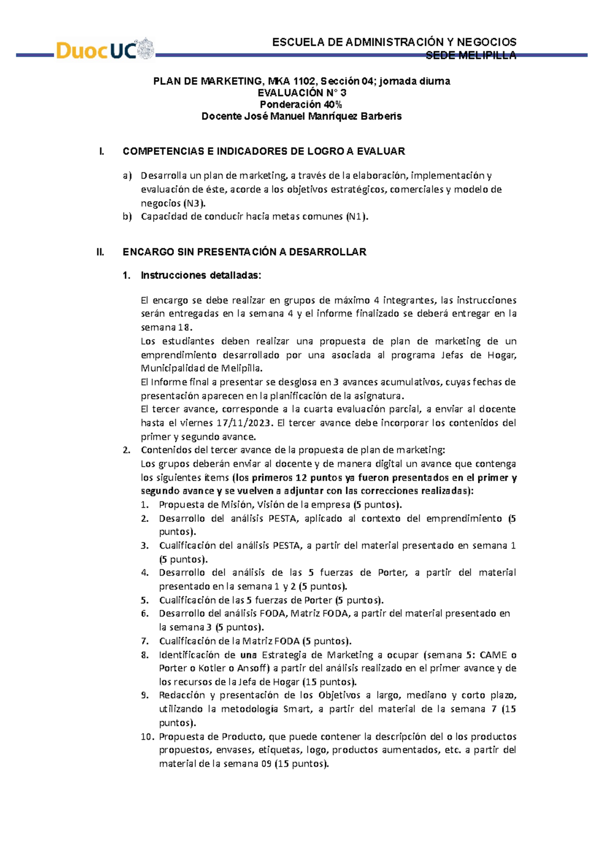 Modelo 3a Evaluación MKA 1102 Seccion 04D - SEDE MELIPILLA PLAN DE ...