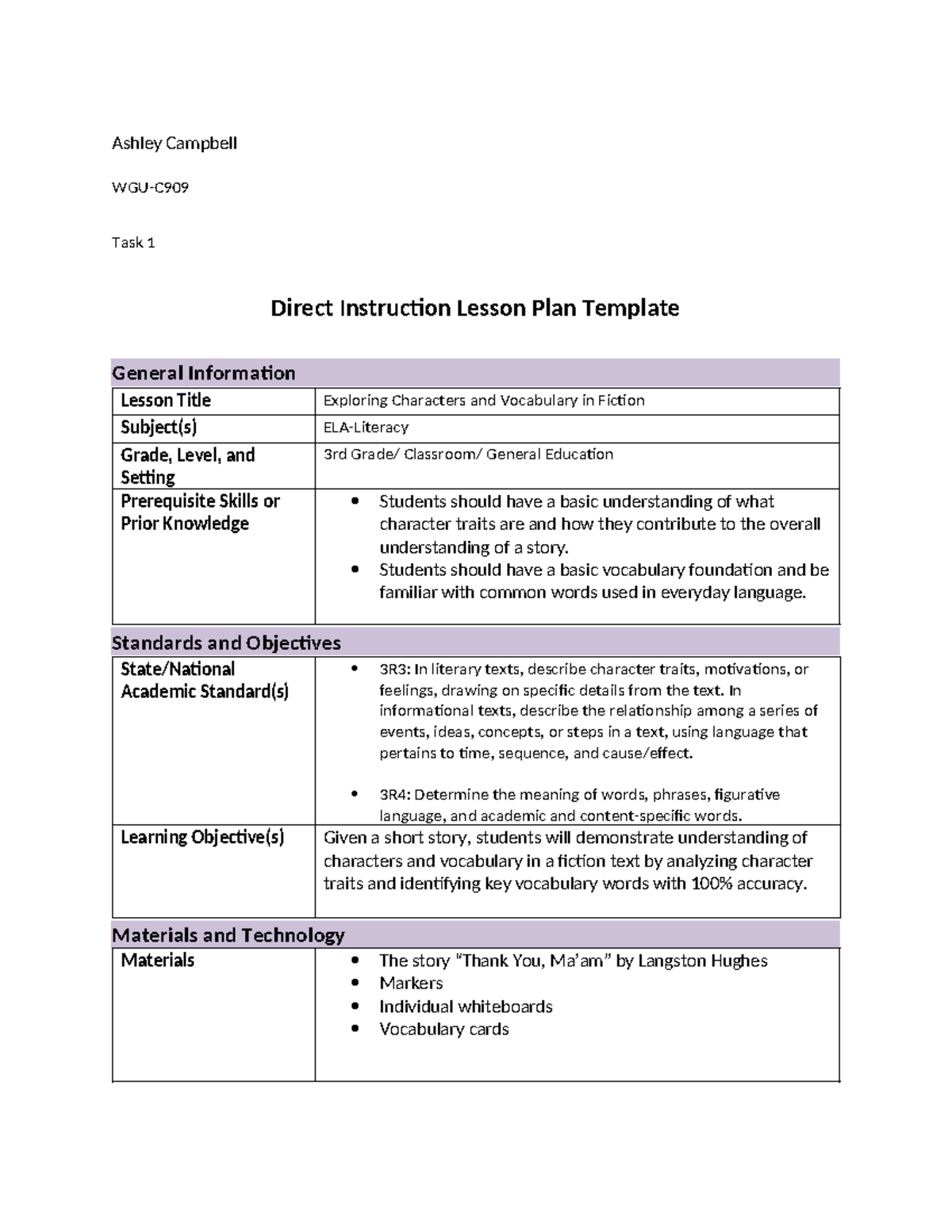 C909-Lesson plan - Passed! - Ashley Campbell WGU-C Task 1 Direct Instruction Lesson Plan ...