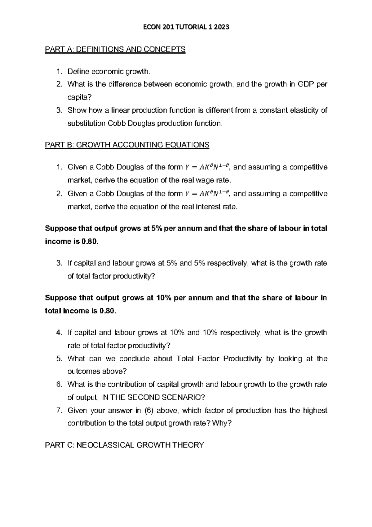 ECON 201 Tutorial 1 2023 - ECON 201 TUTORIAL 1 2023 PART A: DEFINITIONS AND CONCEPTS Define ...