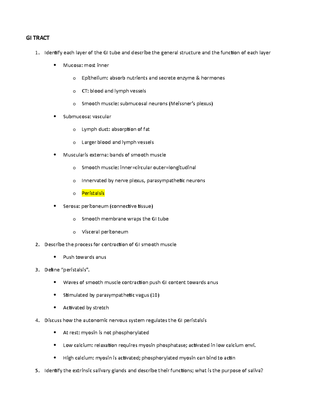 Study Guide GI Tract - BIO 191 - CUW - Studocu