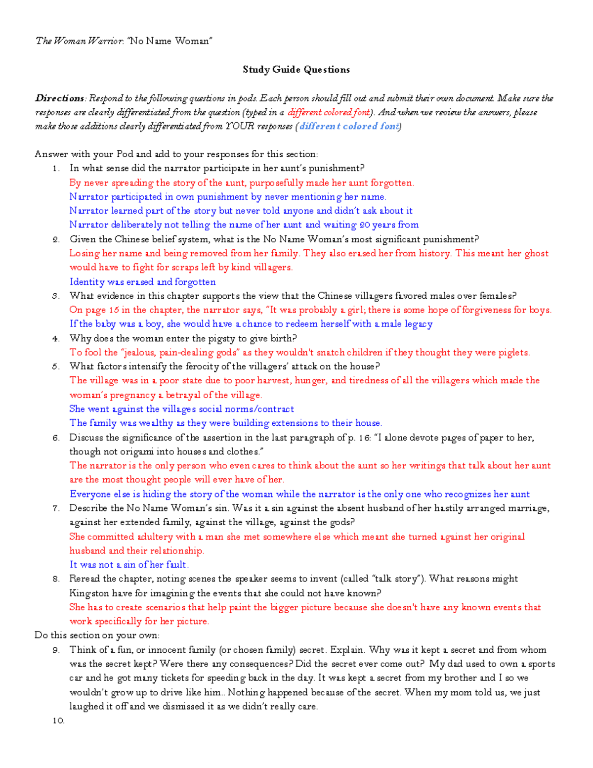 2023 Bussey TWW No Name Woman Analysis Questions-1 - The Woman Warrior ...