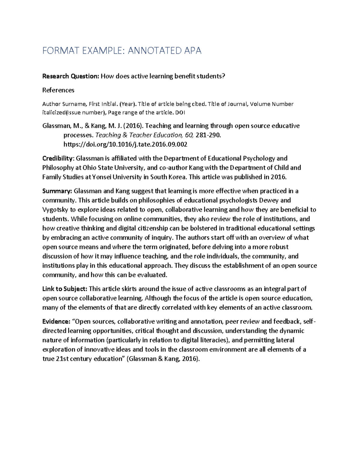 Annotated APA Example - FORMAT EXAMPLE: ANNOTATED APA Research Question ...