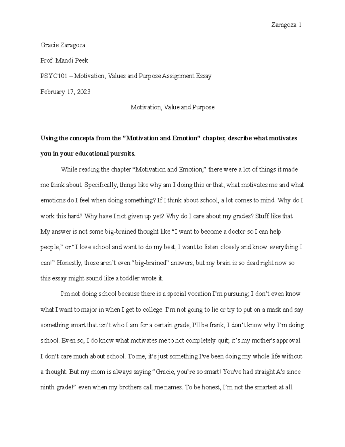 PSYC101 - Motivation, Values and Purpose Essay - Zaragoza 1 Gracie ...