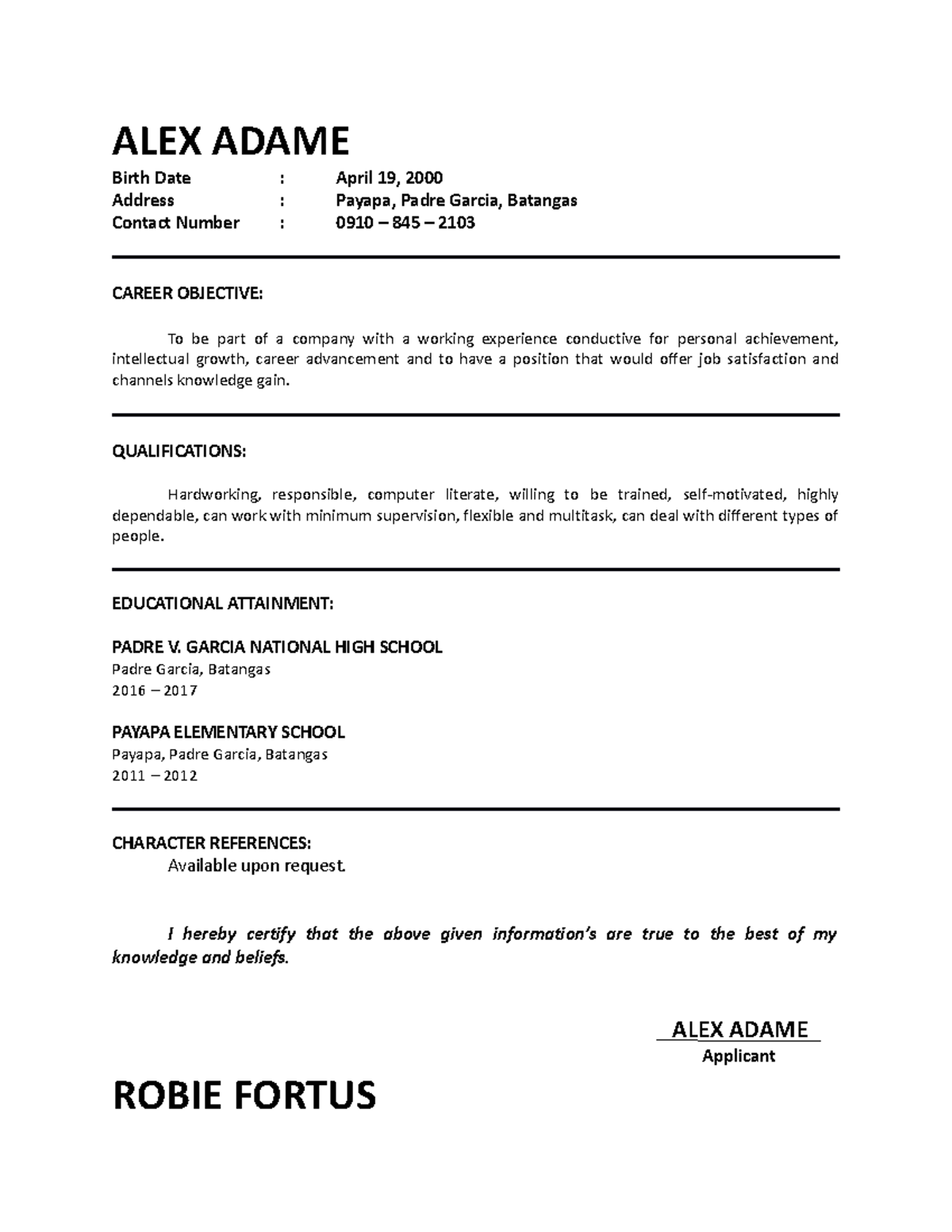 ALEX Adame robie fortus resume - Bachelor of Science in Business ...