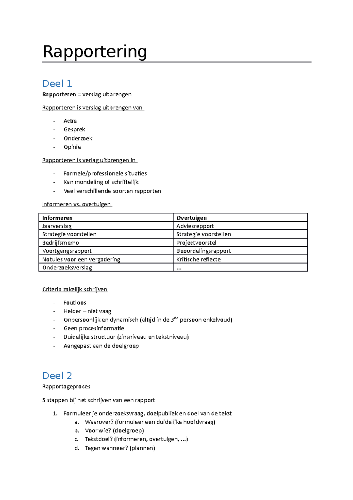 Samenvatting - Rapportering - Rapportering Deel 1 Rapporteren verslag ...