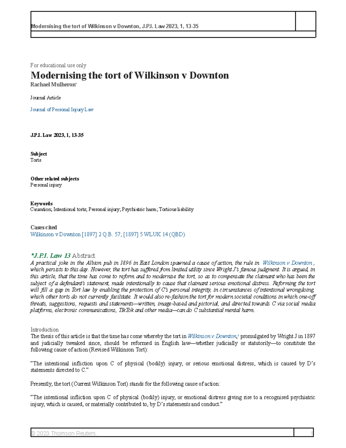 Modernising the tort of Wilkinson v Downton - For educational use only ...