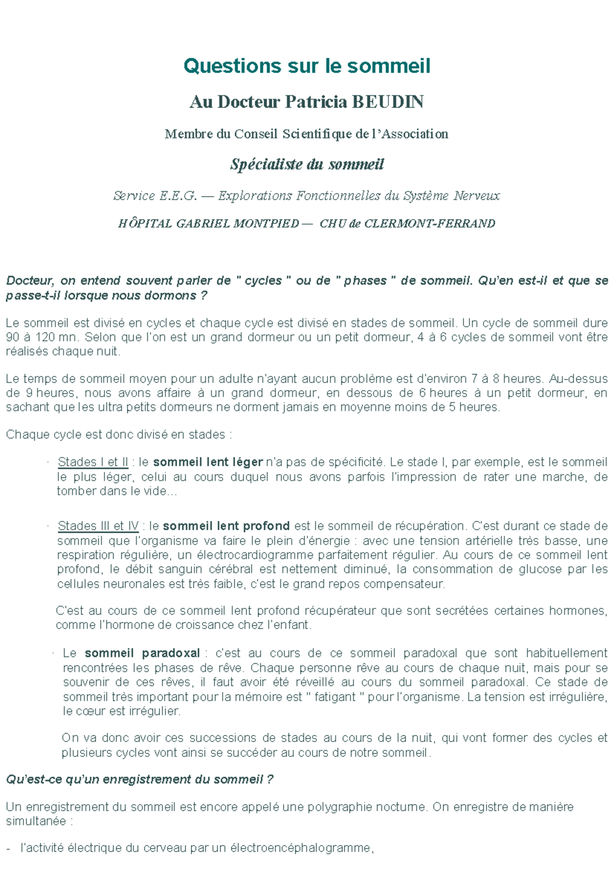 410 Questions sur le sommeil - Questions sur le sommeil Au Docteur ...