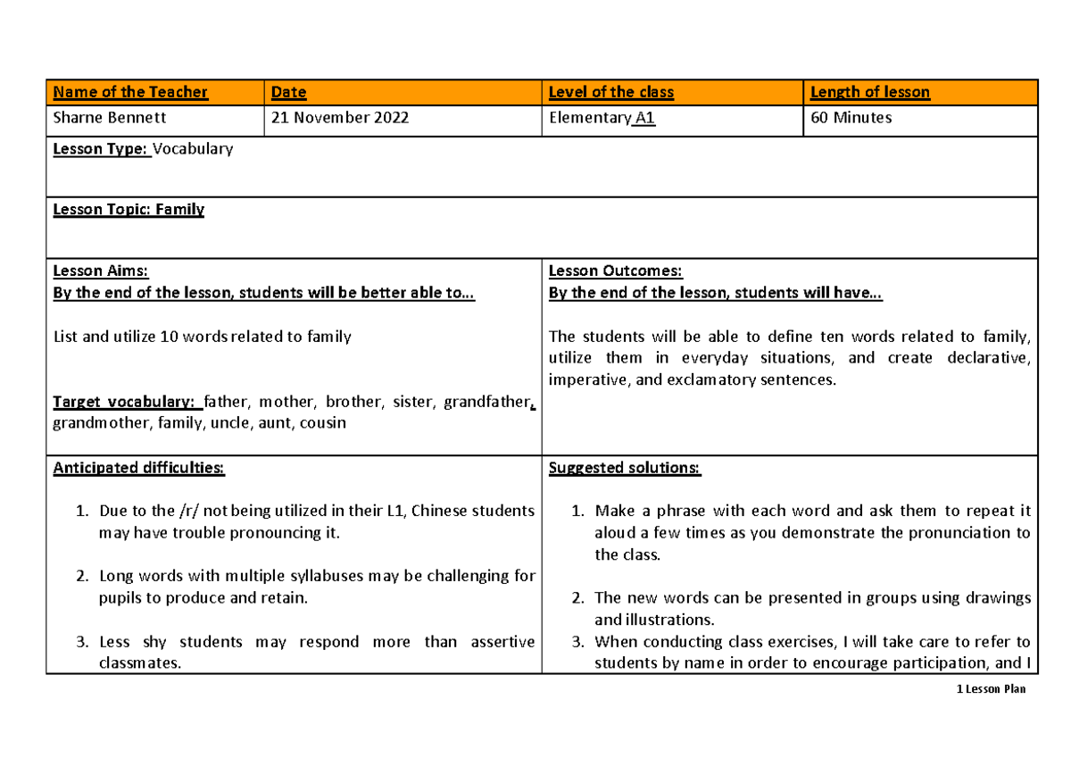Vocabulary Assignment - Name of the Teacher Date Level of the class ...