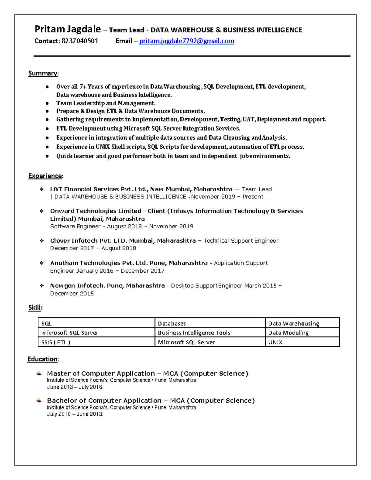 CV Pritam Jagdale - Pritam Jagdale – Team Lead - DATA WAREHOUSE & BUSINESS INTELLIGENCE Contact ...