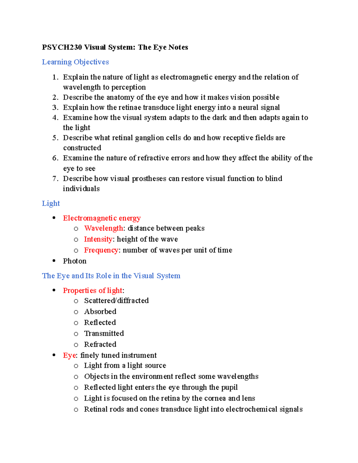 Psych 230 Visual System Notes - PSYCH230 Visual System: The Eye Notes ...