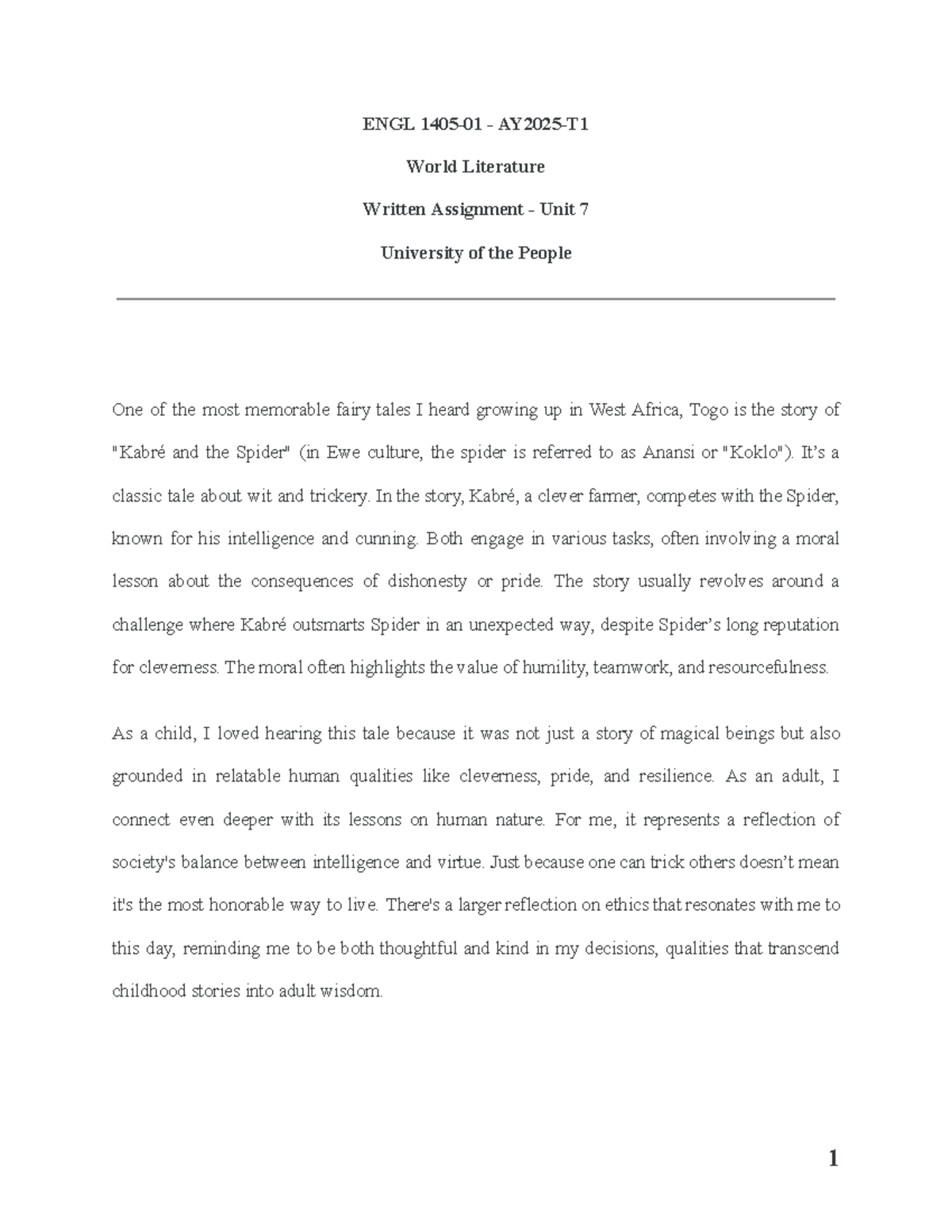 ENGL 1405-01 - Written Assignment - Unit 7 - ENGL 1405-01 - AY2025-T World Literature Written ...