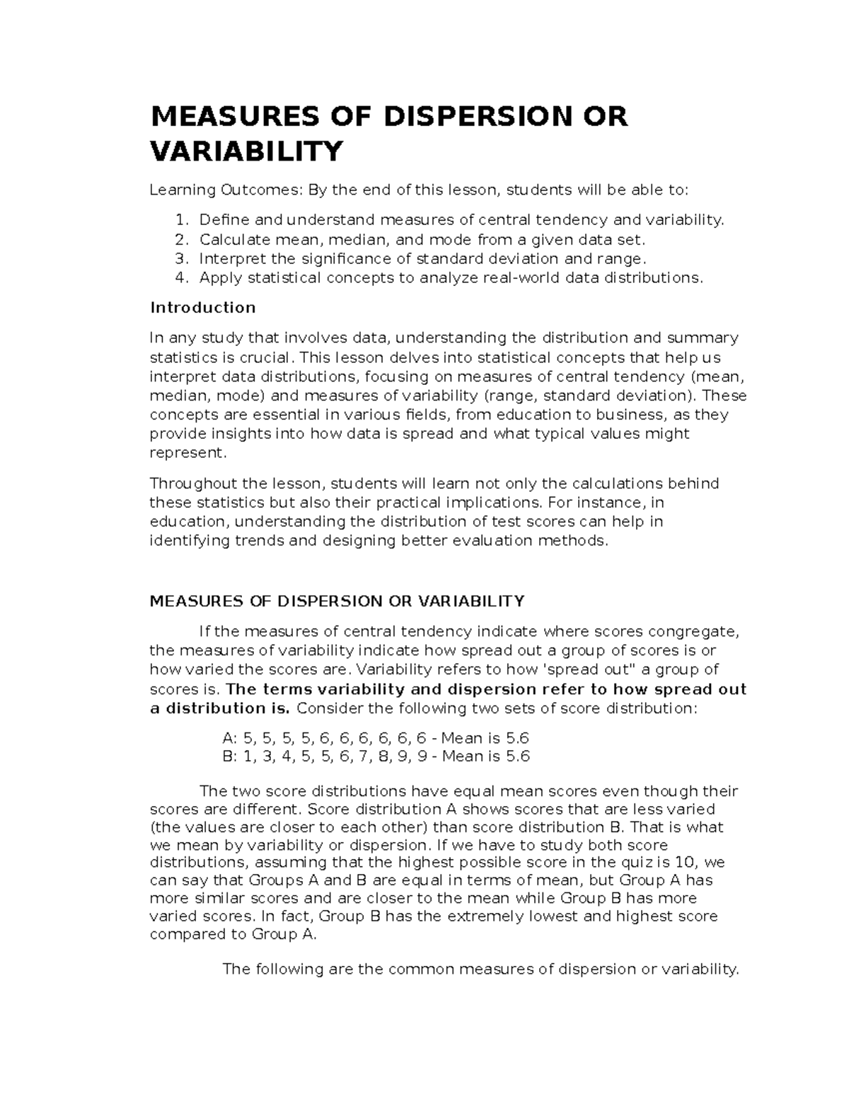 Measures of Variability written report - MEASURES OF DISPERSION OR ...