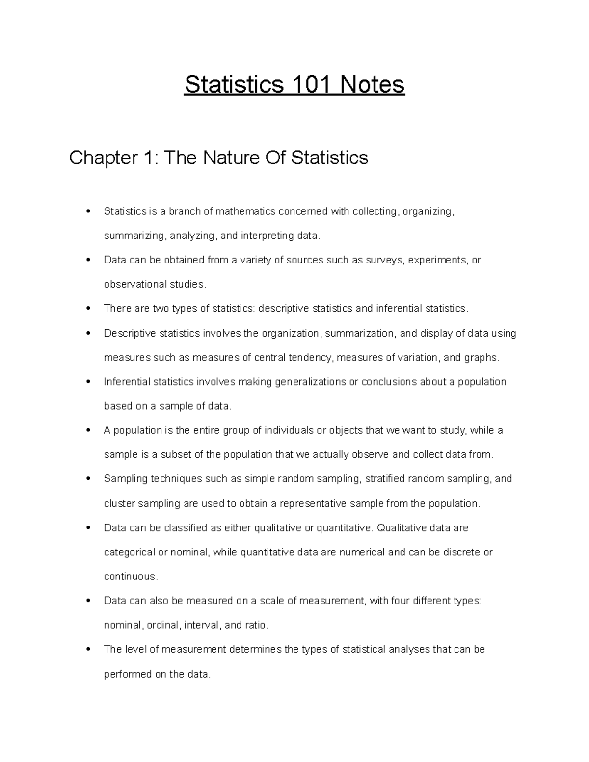 Chapter 1 Notes - Statistics 101 Notes Chapter 1: The Nature Of ...