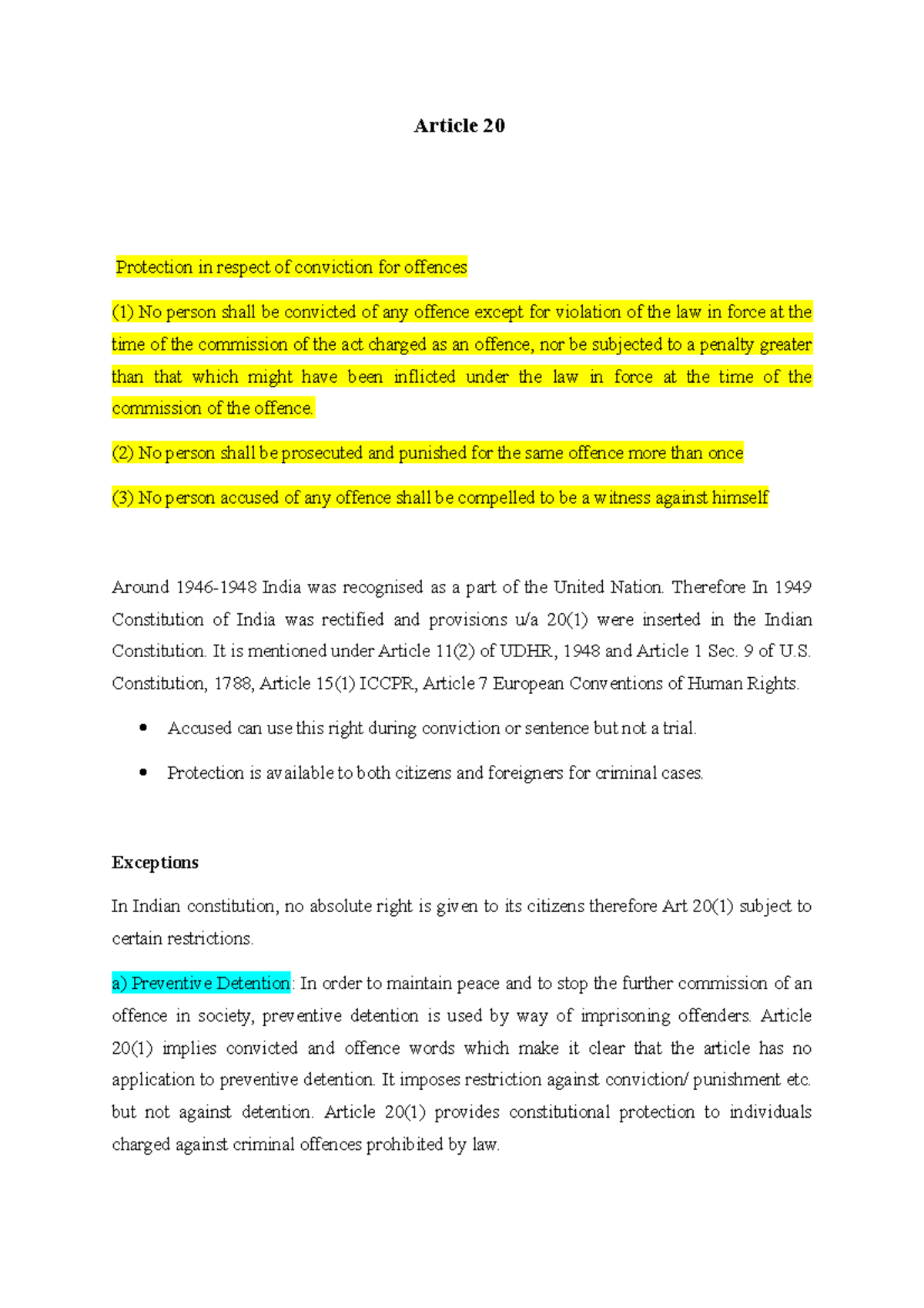 Article 20 my notes - Students - Article 20 Protection in respect of ...