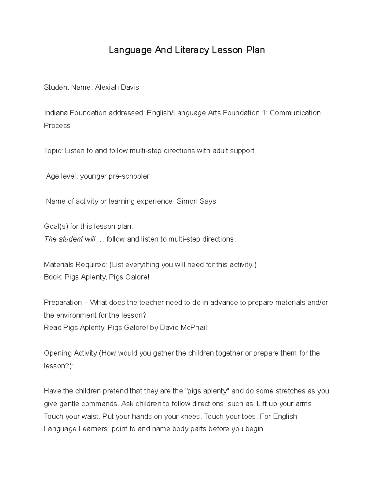 Language Artslessonplan - Language And Literacy Lesson Plan Student ...