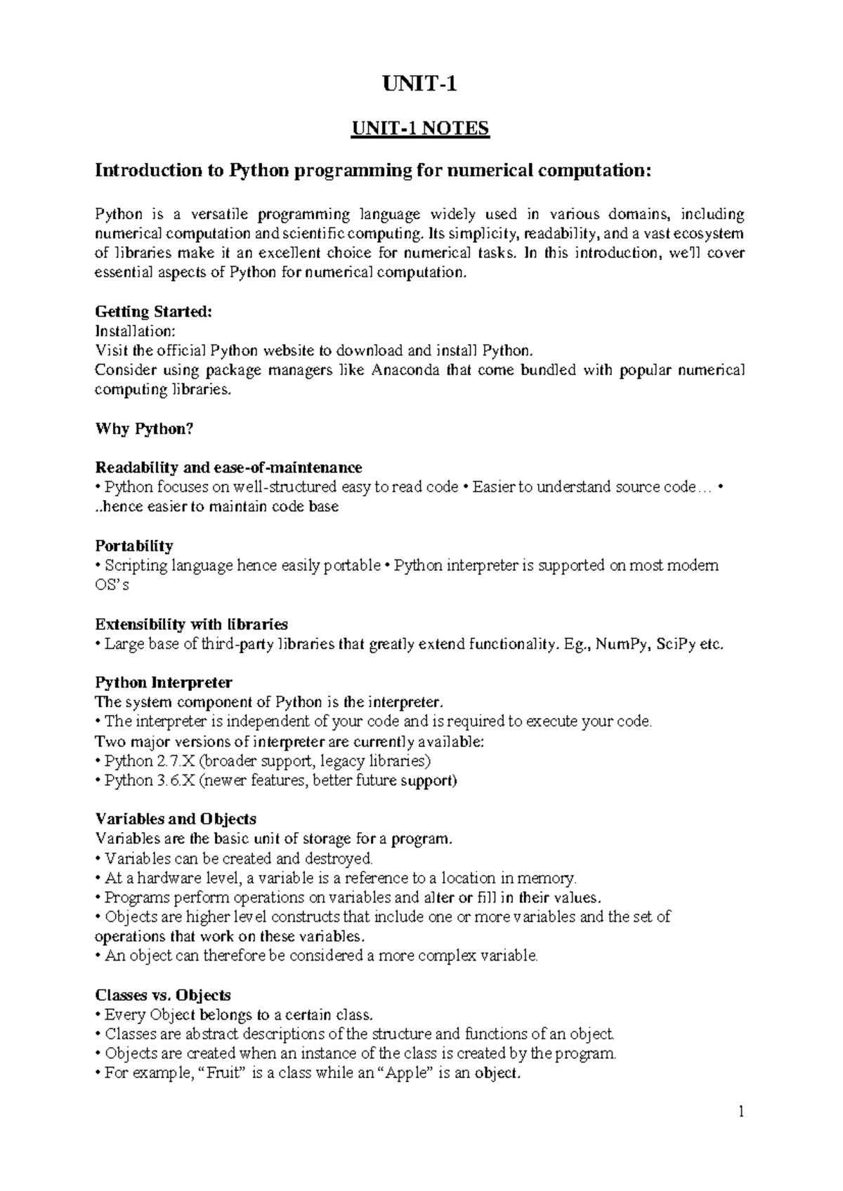 Python Complete Notes Hajjs Unit 1 Unit 1 Notes Introduction To
