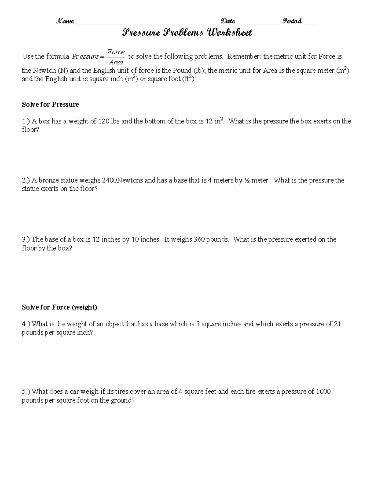 Pressure Problems Worksheet 1 - Name ...