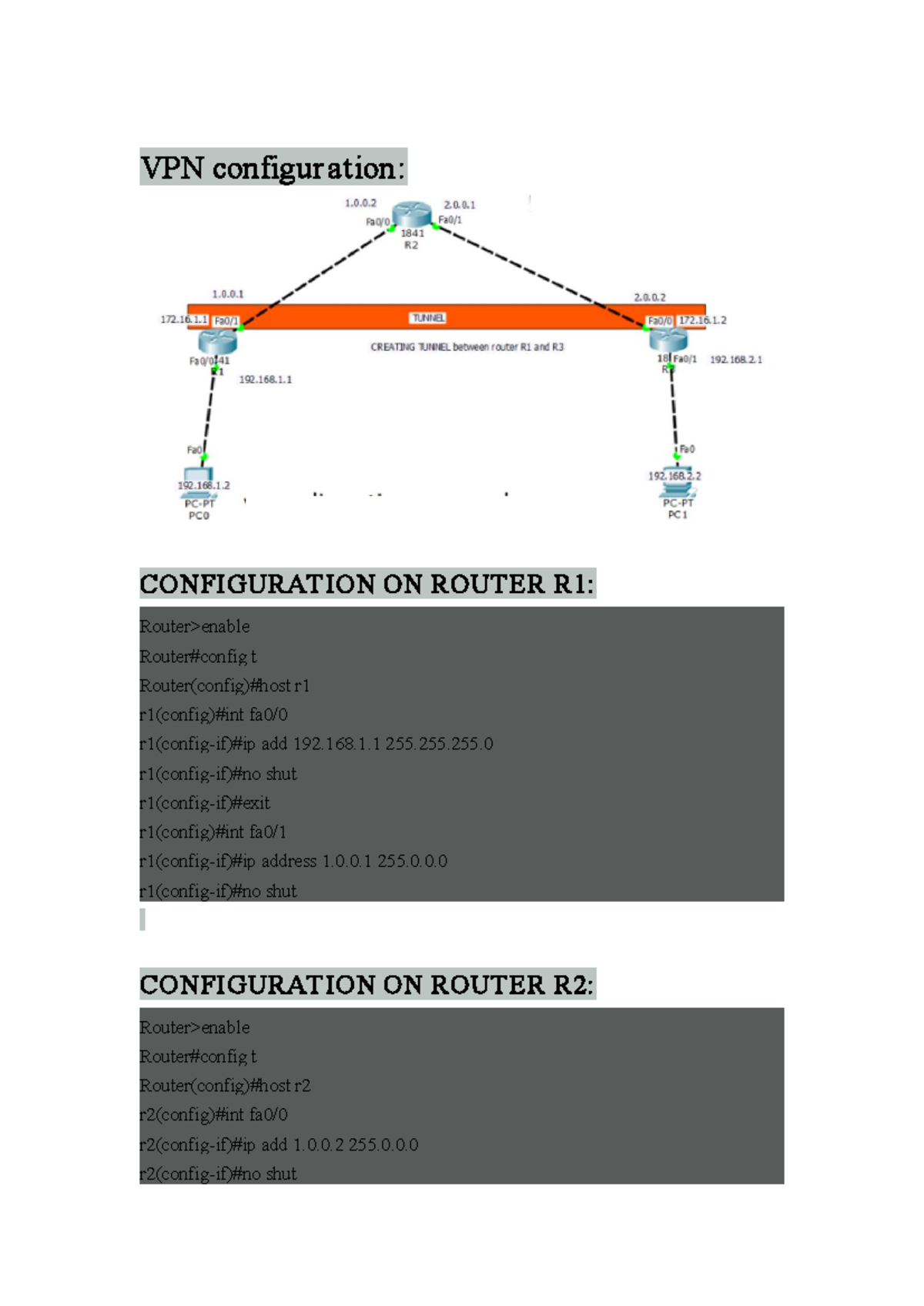 Module 2.2 VPN Configuration (1) - VPN configur ation: CONFIGURATION ON ROUTER R1: Router>enable ...